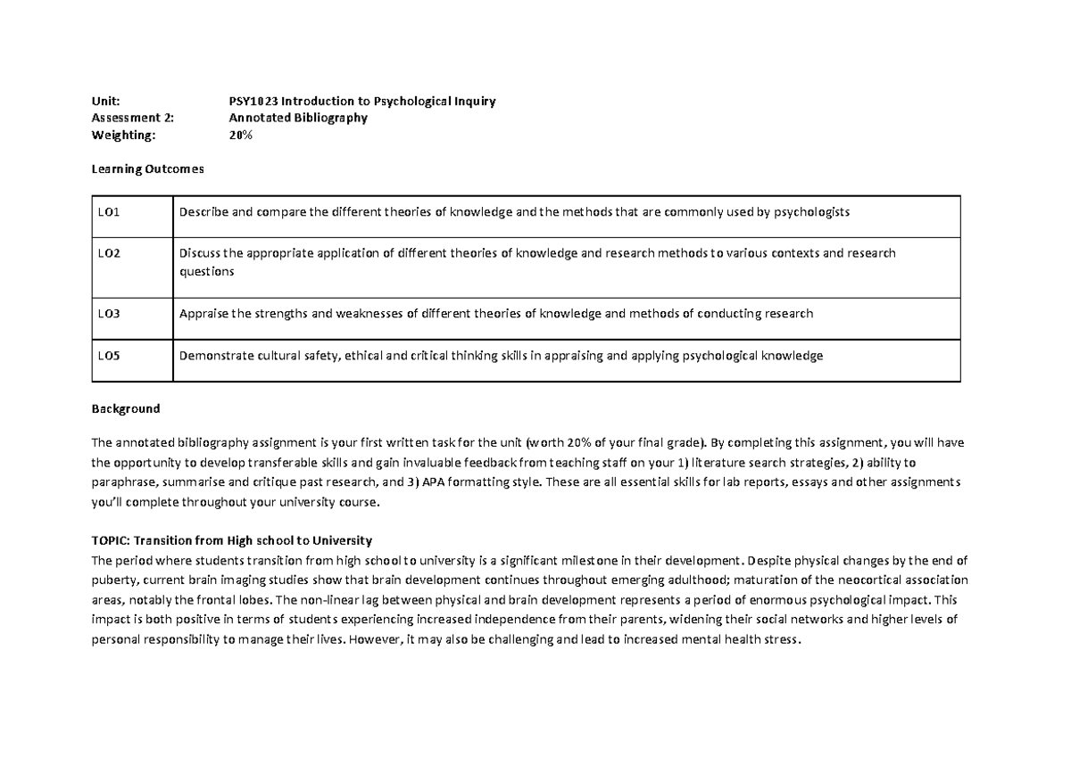 PSY1023 Assignment 1 Annotated Bibliography Marking Rubric - Unit: PSY1023 Introduction to - Studocu