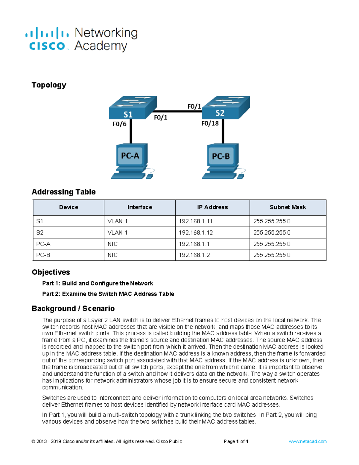 7 - good evident - Topology Addressing Table Device Interface IP Address Subnet Mask S1 VLAN 1 ...