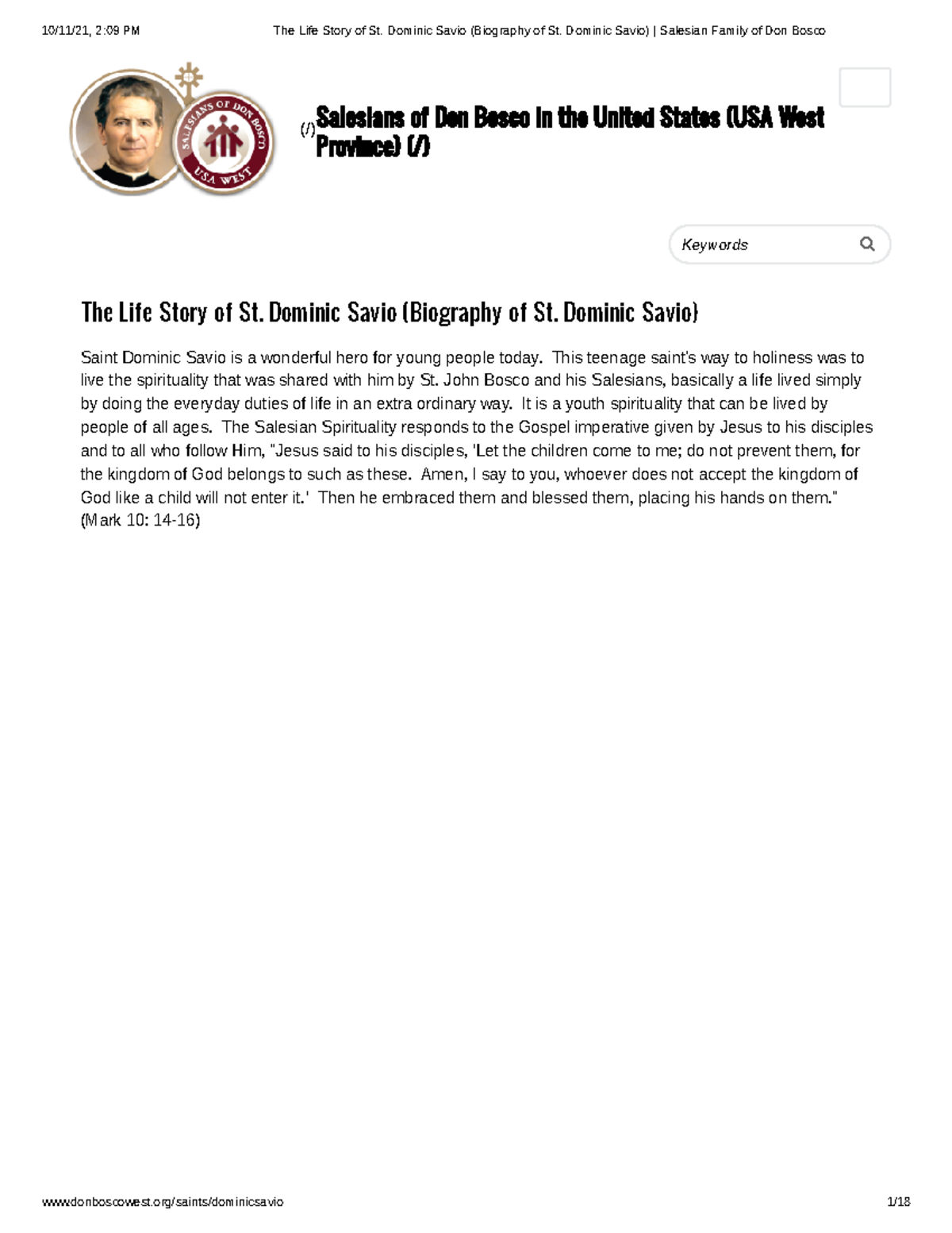 The Life Story of St. Dominic Savio (Biography of St. Dominic Savio ...