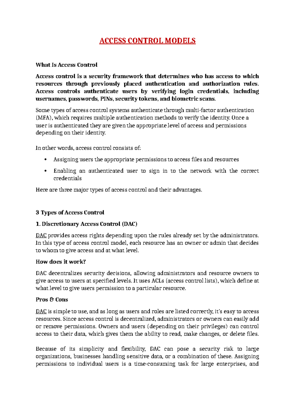 Access Control Models-notes - ACCESS CONTROL MODELS What Is Access ...