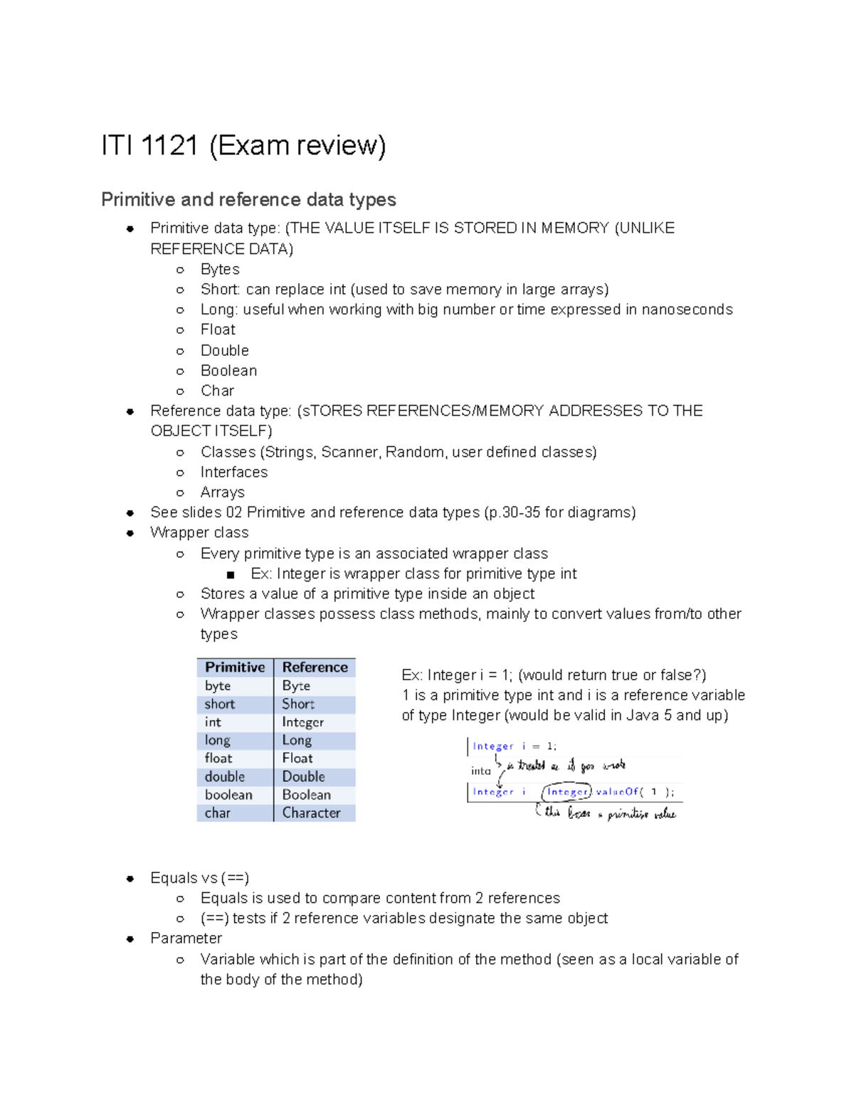 ITI 1121 (midterm review) - ITI 1121 (Exam review) Primitive and ...