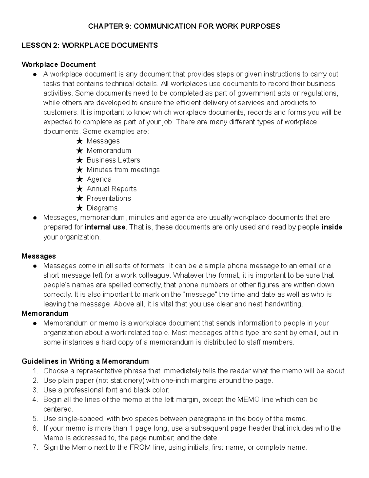 Chapter 9 Lesson 2-3 Handout - CHAPTER 9: COMMUNICATION FOR WORK PURPOSES LESSON 2: WORKPLACE ...