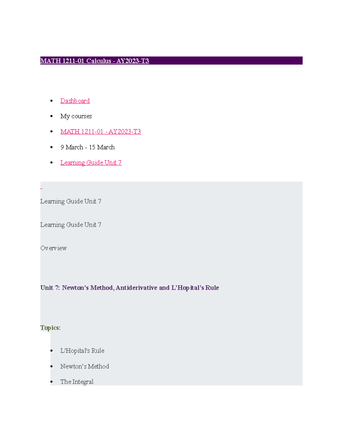 Learning Guide Unit 7 -MATH 1211 - MATH 1211-01 Calculus - AY2023-T ...