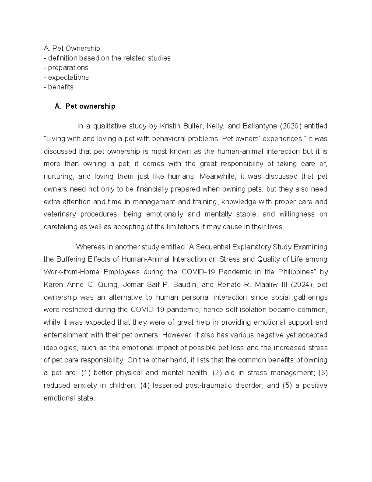 Rrl with themes - A. Pet Ownership definition based on the related ...