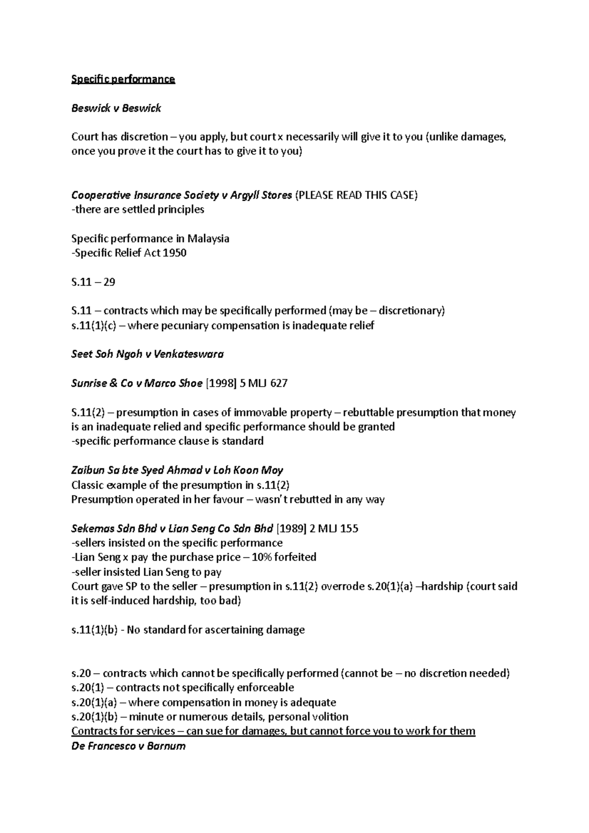Specific Performance - Summary Equity and Trust I - Specific ...