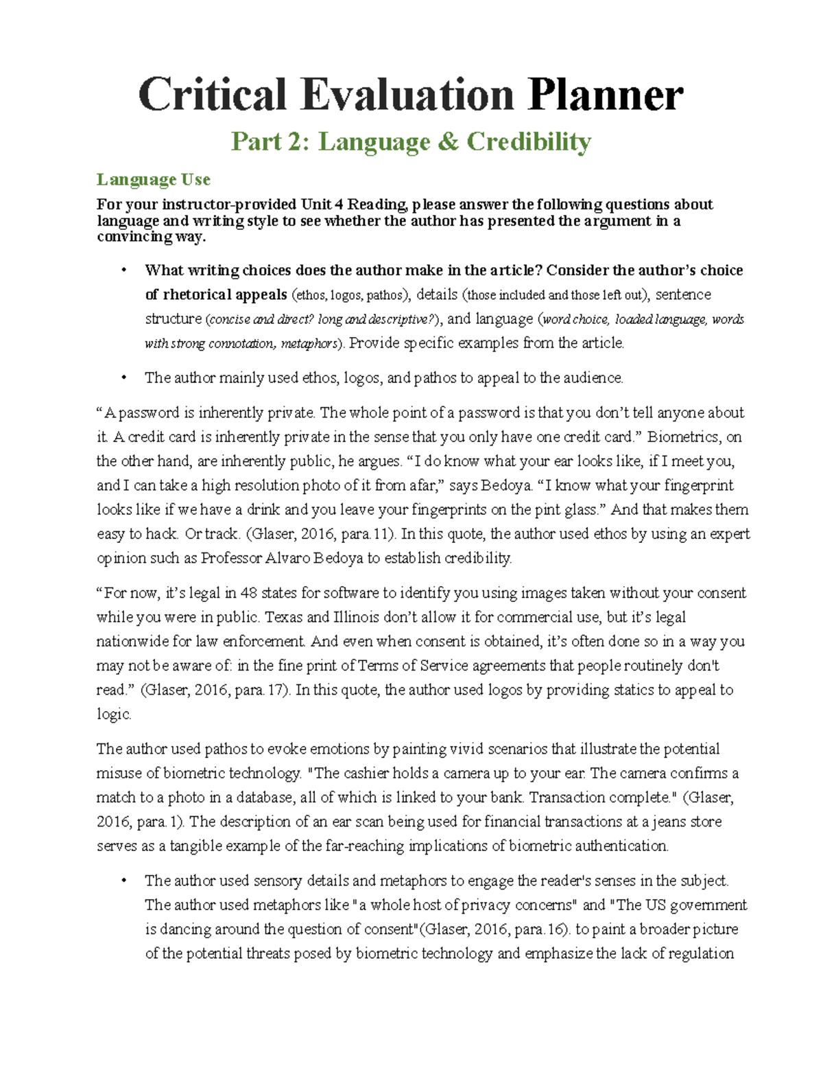 Critical Evaluation Planner Part 2 - • What writing choices does the ...