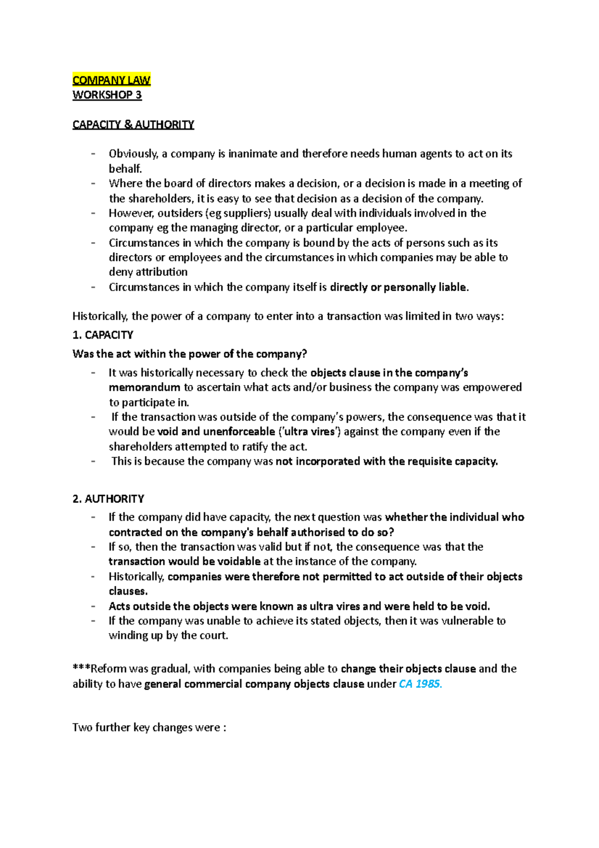 Introduction TO Capacity & Authority - COMPANY LAW WORKSHOP 3 CAPACITY ...