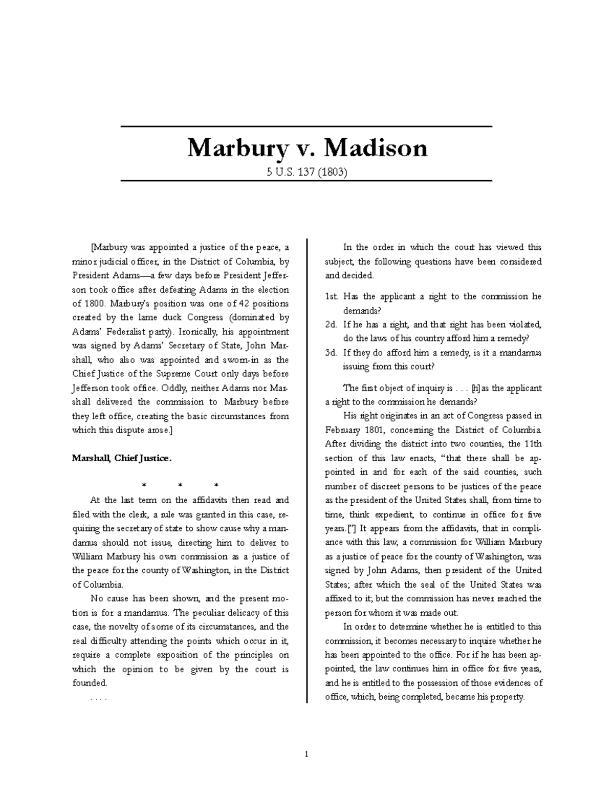 Marbury Madison - Marbury v. Madison 5 U. 137 (1803) In the order in ...