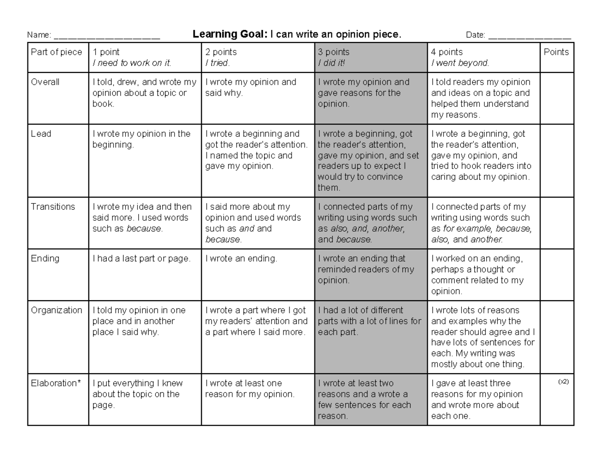 Opinion Writing Rubric - C365 - WGU - Studocu
