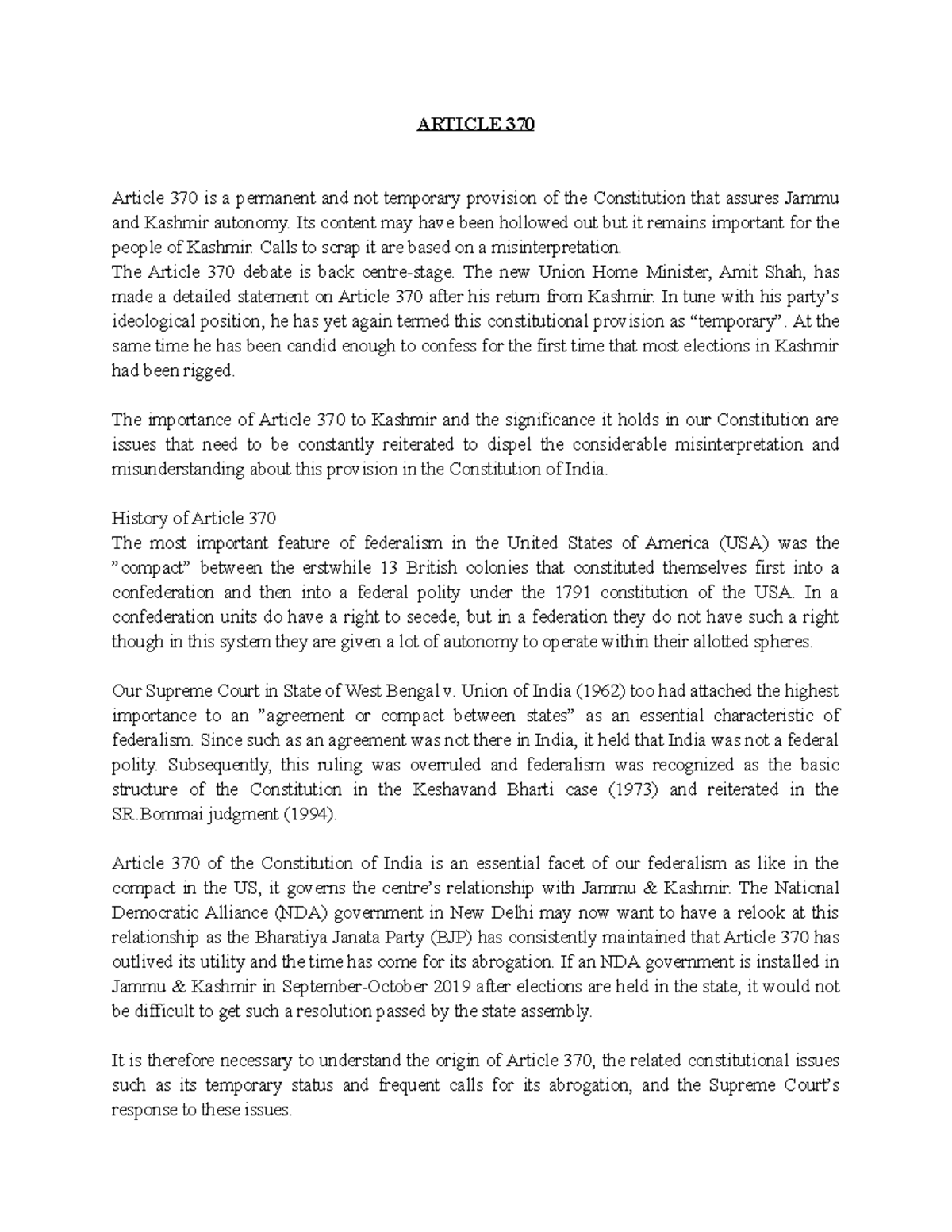 Article 370 - Constitutional law II - ARTICLE 370 Article 370 is a ...