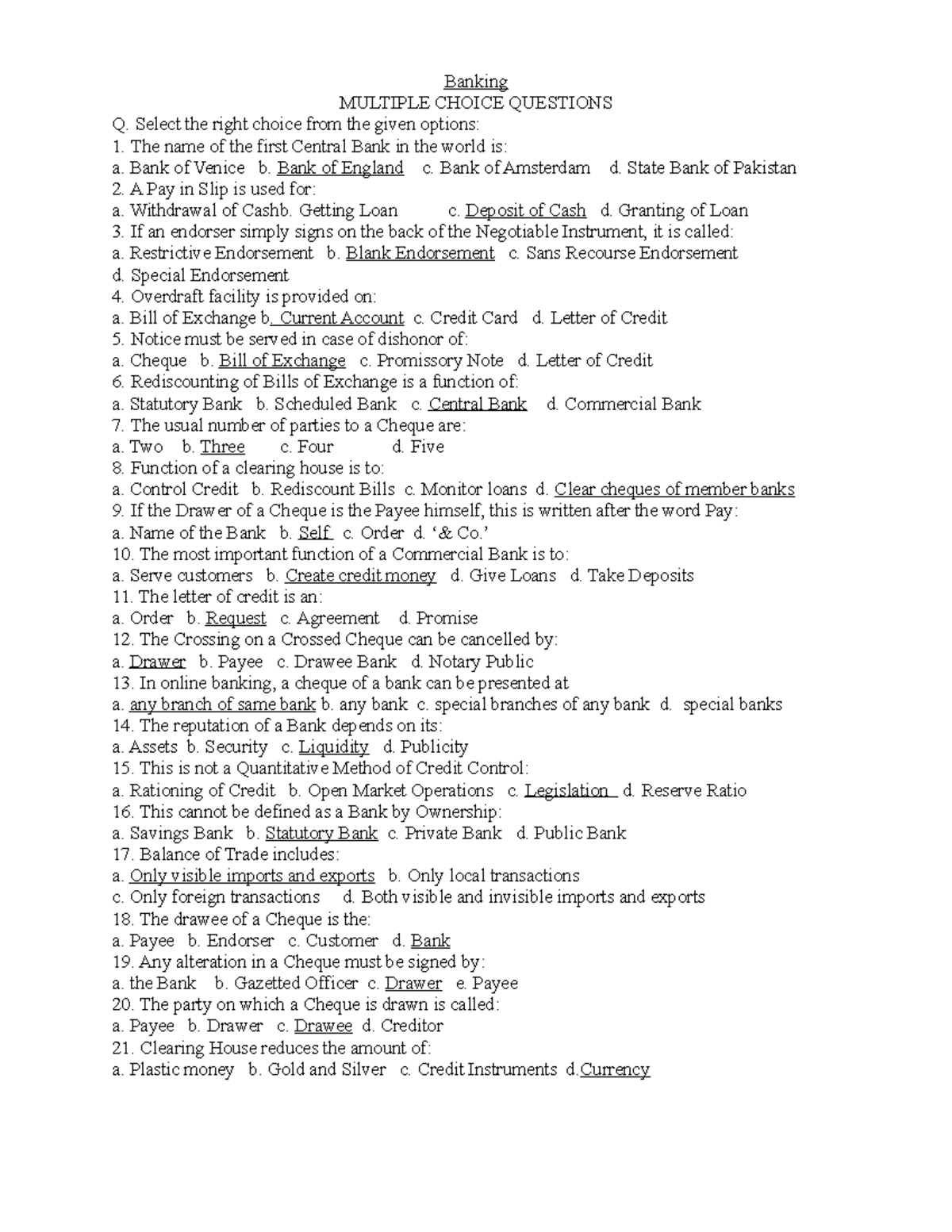Banking 1-21 - MCQS - MULTIPLE CHOICE QUESTIONS Q. Select the right ...