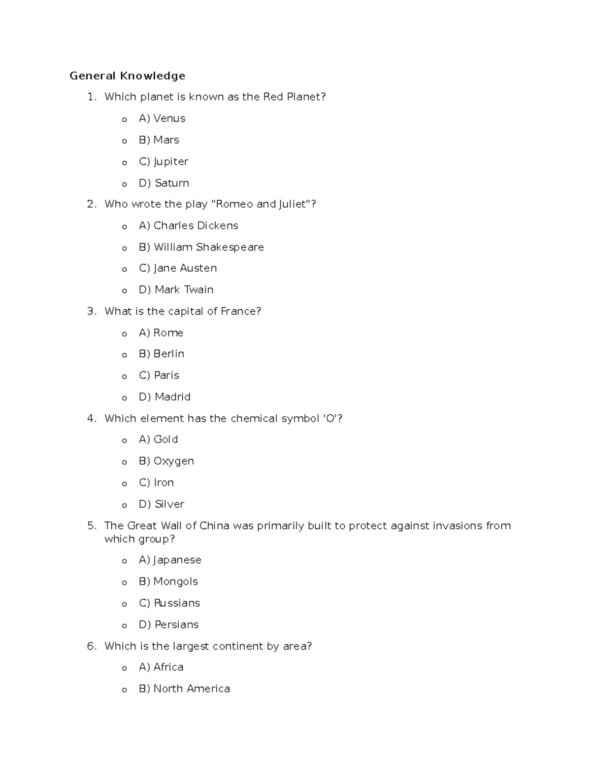 General Knowledge - Some assessment or quizess - General Knowledge 1 ...