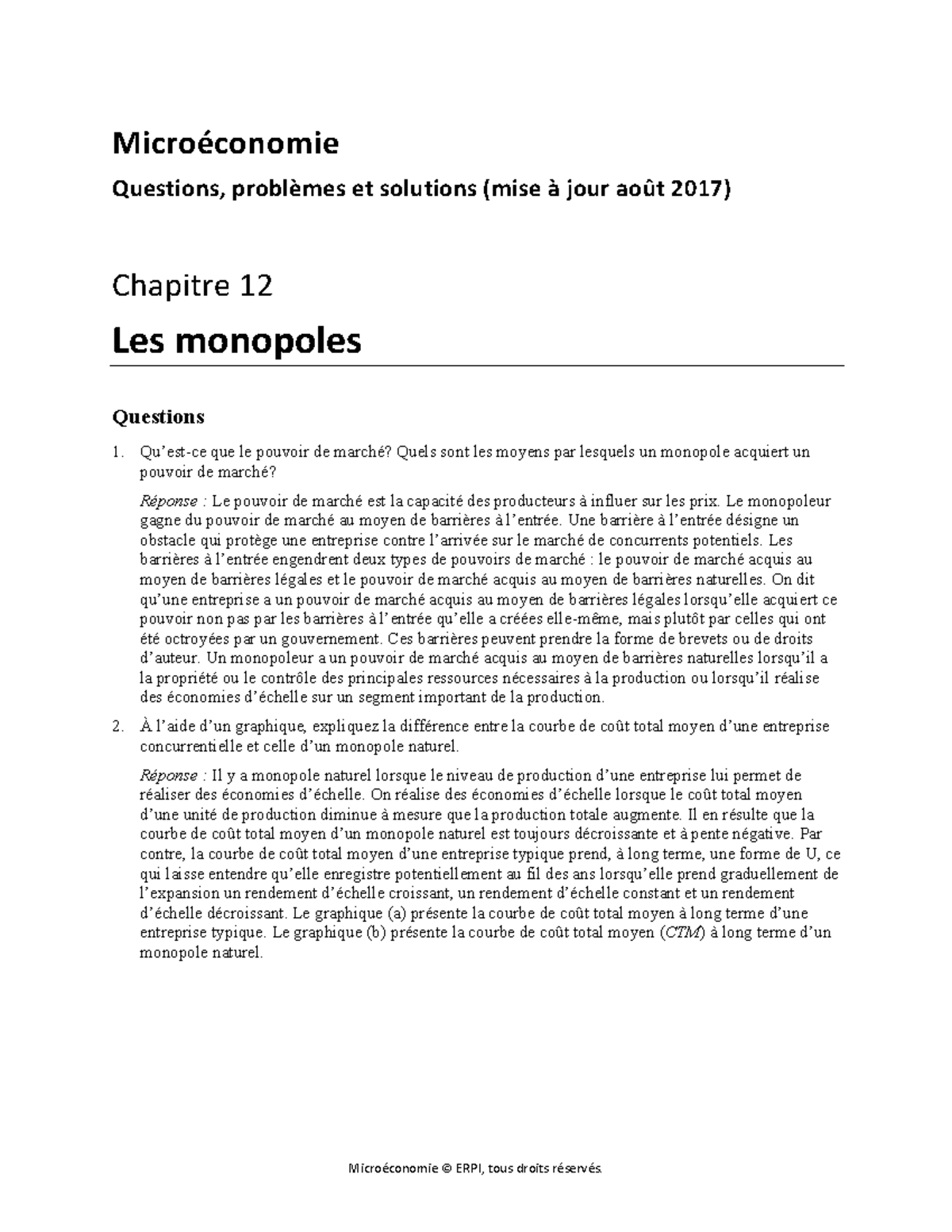 Acemoglu micro ch12 solutionnaire - Microéconomie Questions, problèmes et solutions (mise à jour ...