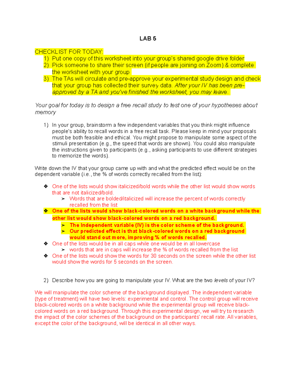 Psych 10: Introductory Psychology - Professor Clark - Lab 5 worksheet ...