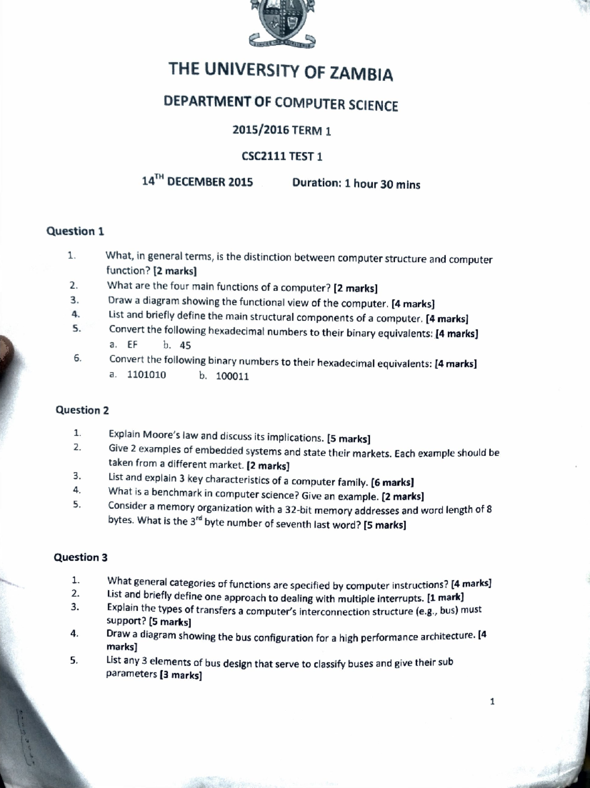 CSC 2111 Test 1 2015-2016 - Computer Architecture & Organisation - Studocu