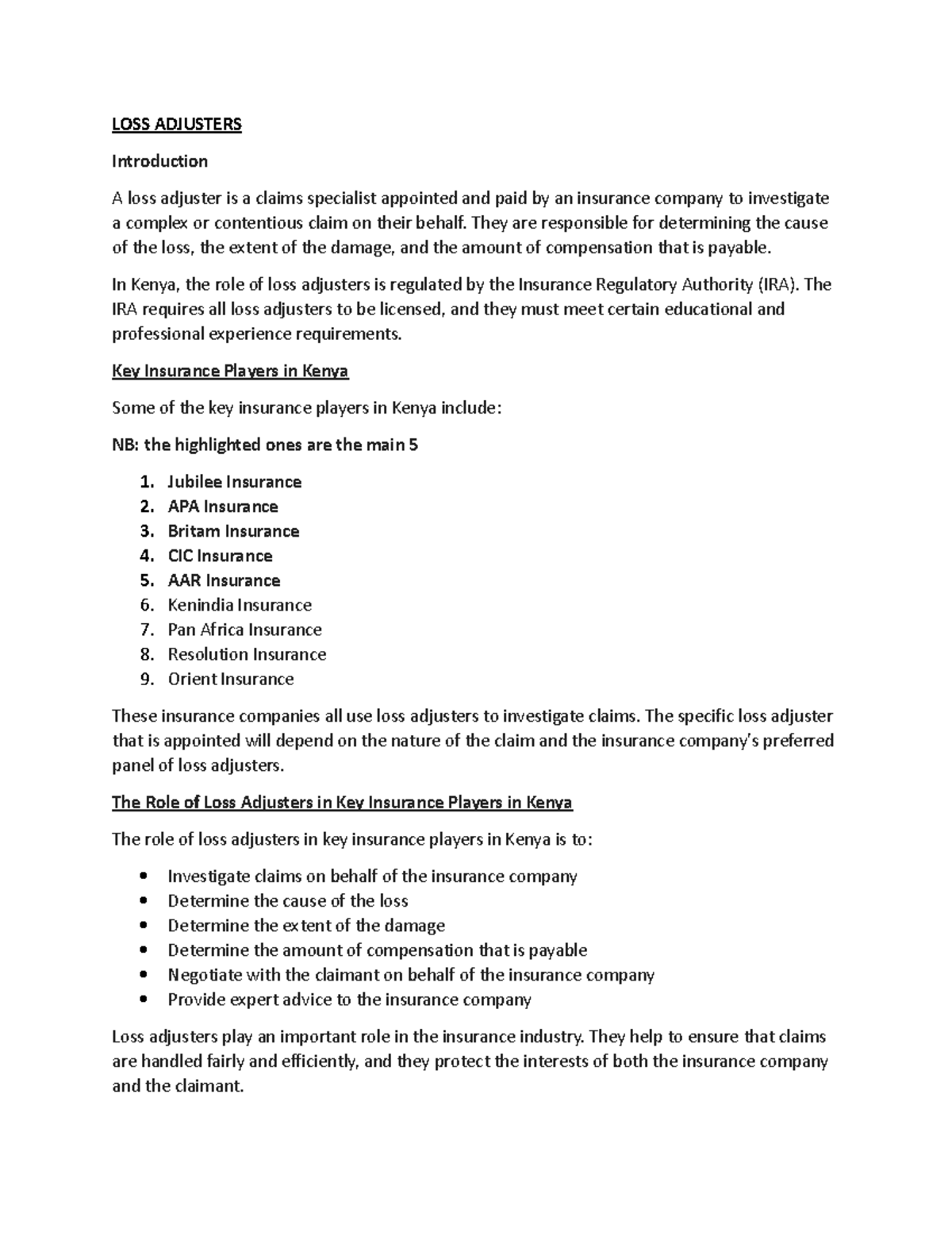 Loss adjusters presentation - LOSS ADJUSTERS Introduction A loss ...