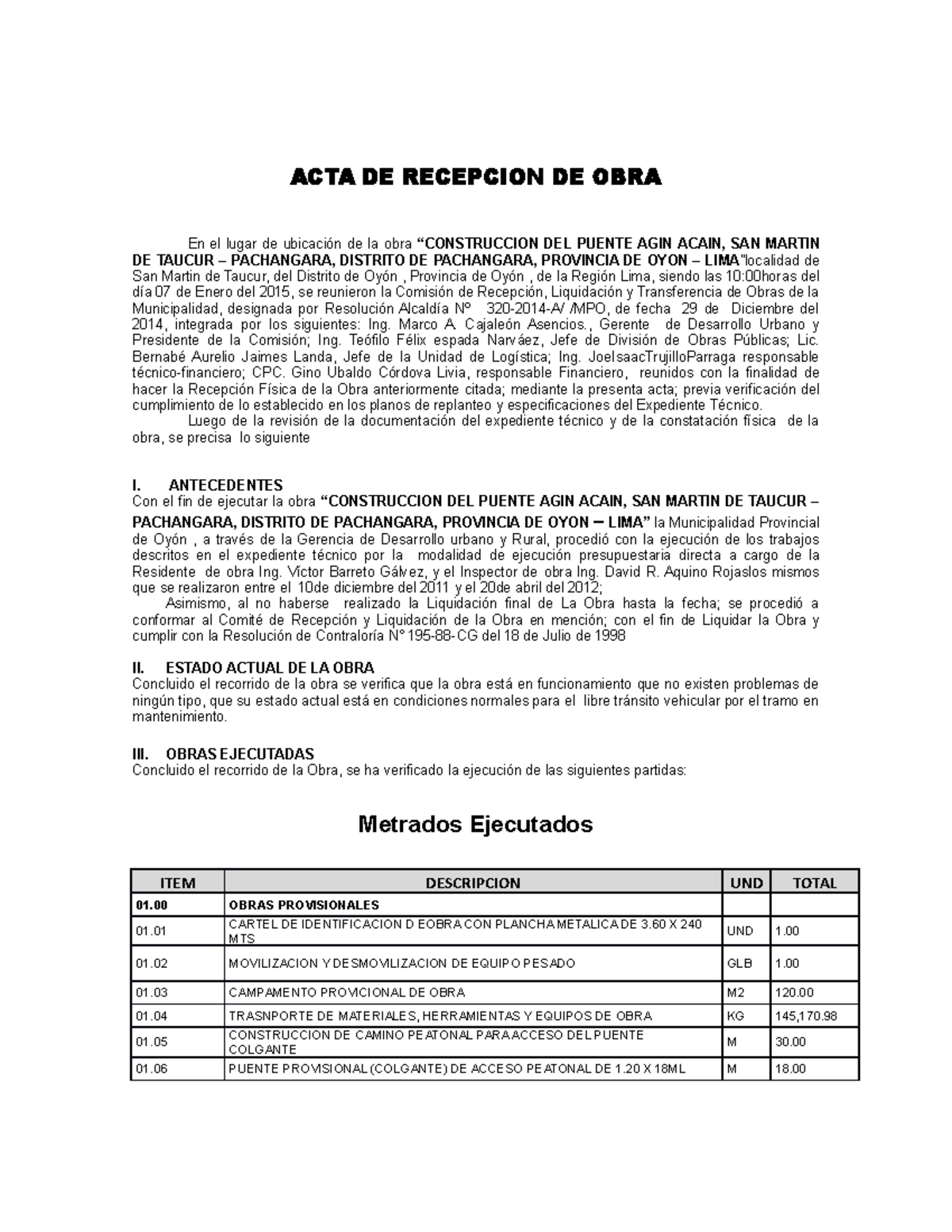 ACTA DE Recepcion DE OBRA- Puente - ACTA DE RECEPCION DE OBRA En el lugar de ubicación de la ...