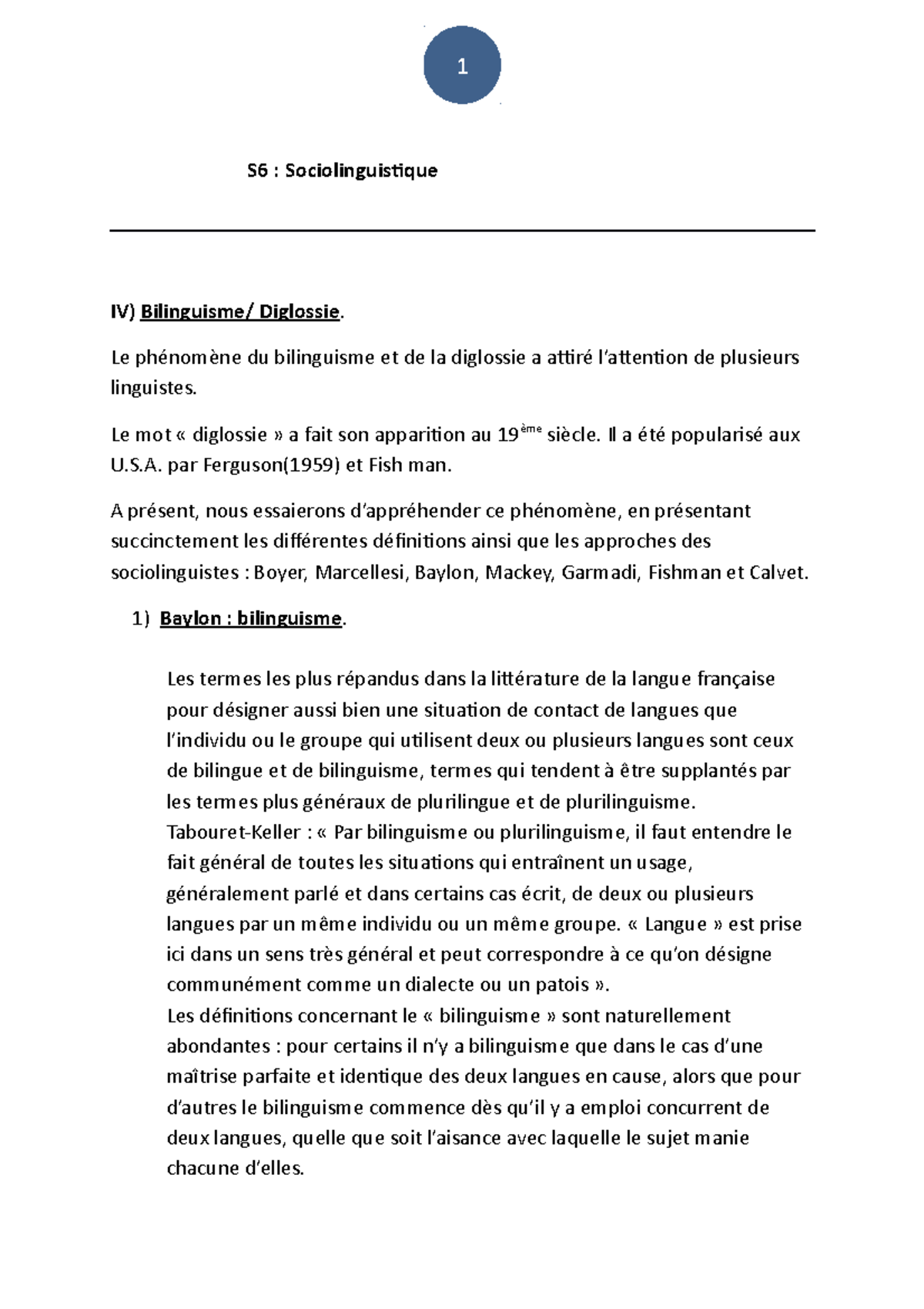 S6 sociolinguistique N°7 - S6 : Sociolinguistique IV) Bilinguisme ...