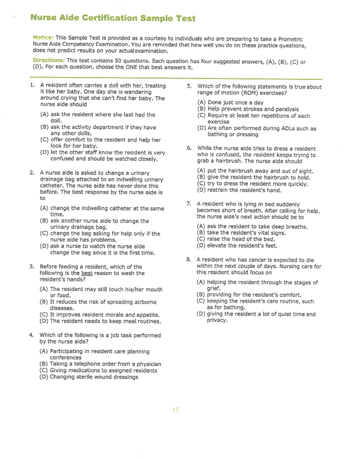 Prometric Nurse Aid Sample Test - BIO251 - Studocu