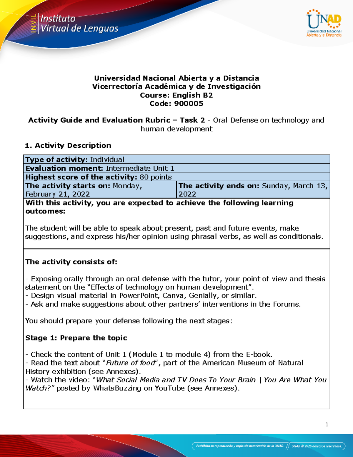 Activity guide and evaluation rubric - Unit 1 - Task 2 - Oral defense ...