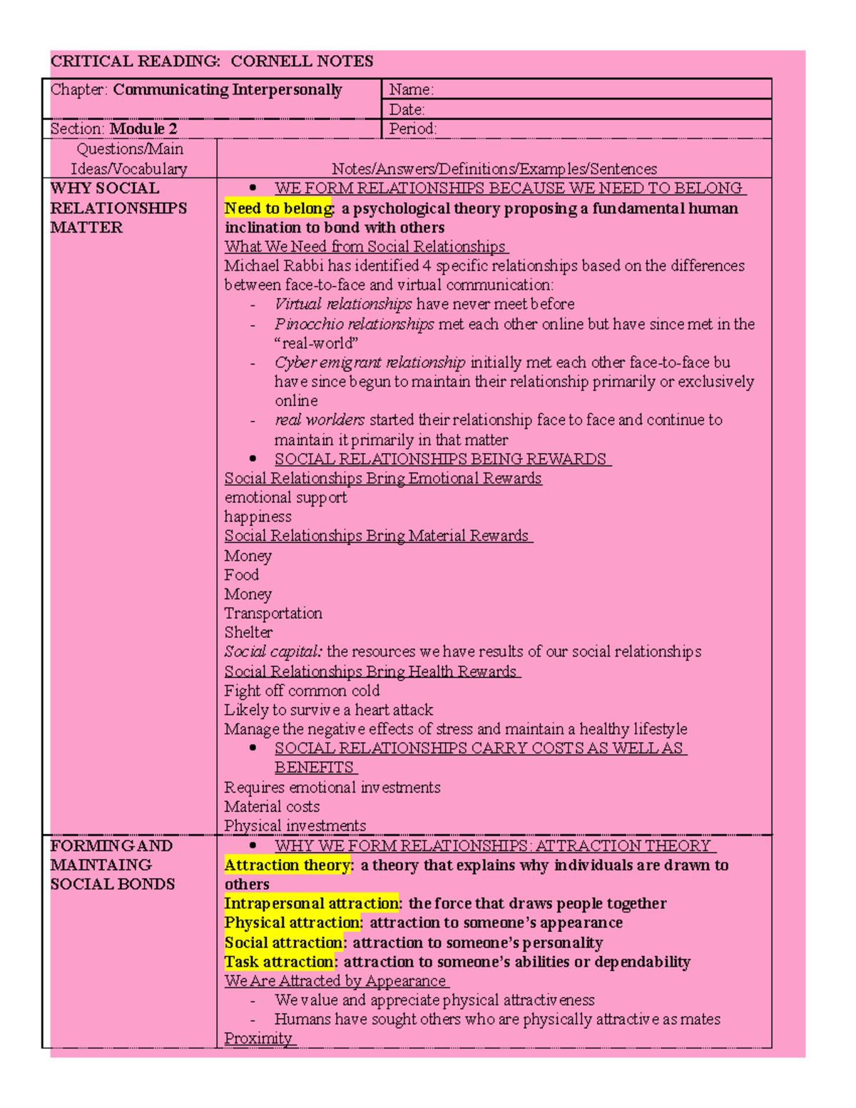 Chpt 4 Communiating interpersonally - CRITICAL READING: CORNELL NOTES ...
