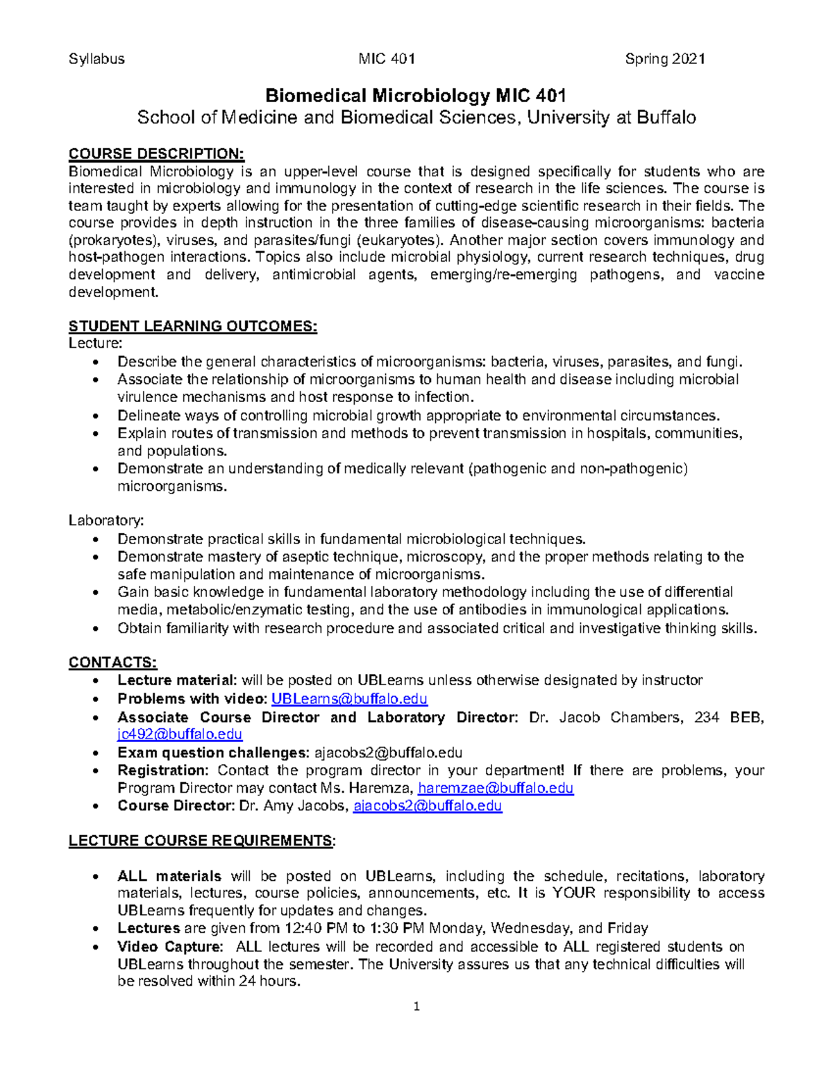 MIC 401 Syllabus and Schedule - Biomedical Microbiology MIC 401 School ...