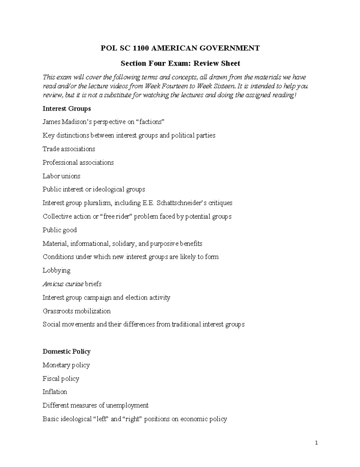 POL SC 1100 American Government EXAM FOUR Review Sheet Spring 2023 - 1 ...