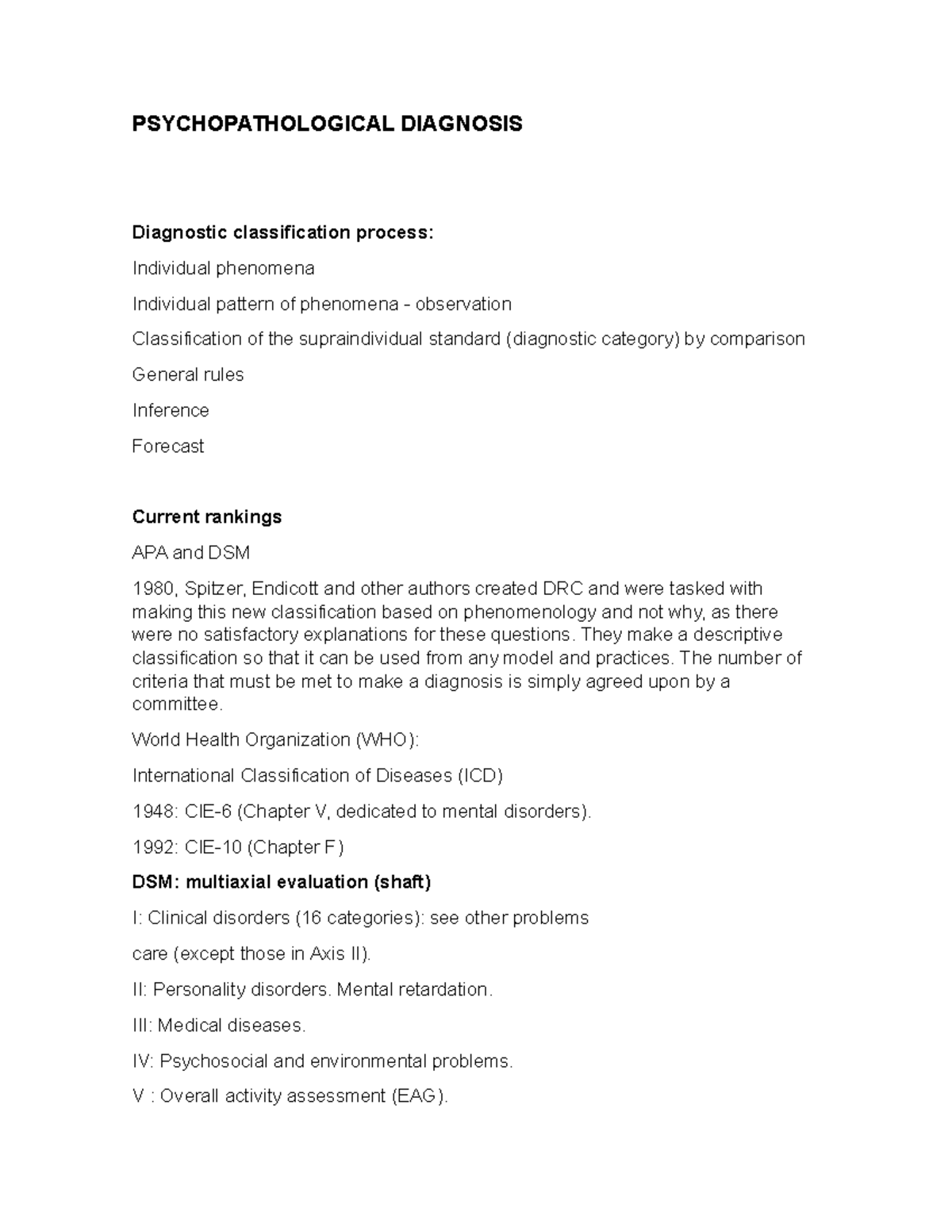 Psychopathological diagnosis - PSYCHOPATHOLOGICAL DIAGNOSIS Diagnostic ...