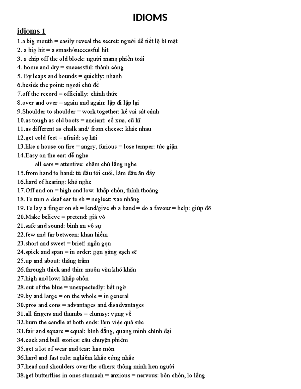 Idioms - …….. - IDIOMS idioms 1 1 big mouth = easily reveal the secret: người dễ tiết lộ bí mật ...