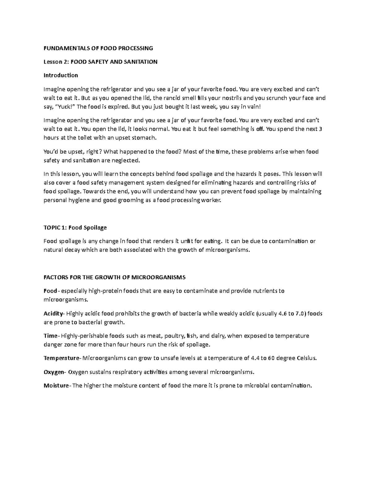 Safety AND Sanitation FUNDAMENTALS OF FOOD PROCESSING Lesson 2 FOOD safety-and-sanitation-fundamentals-of-food-processing-lesson-2-food