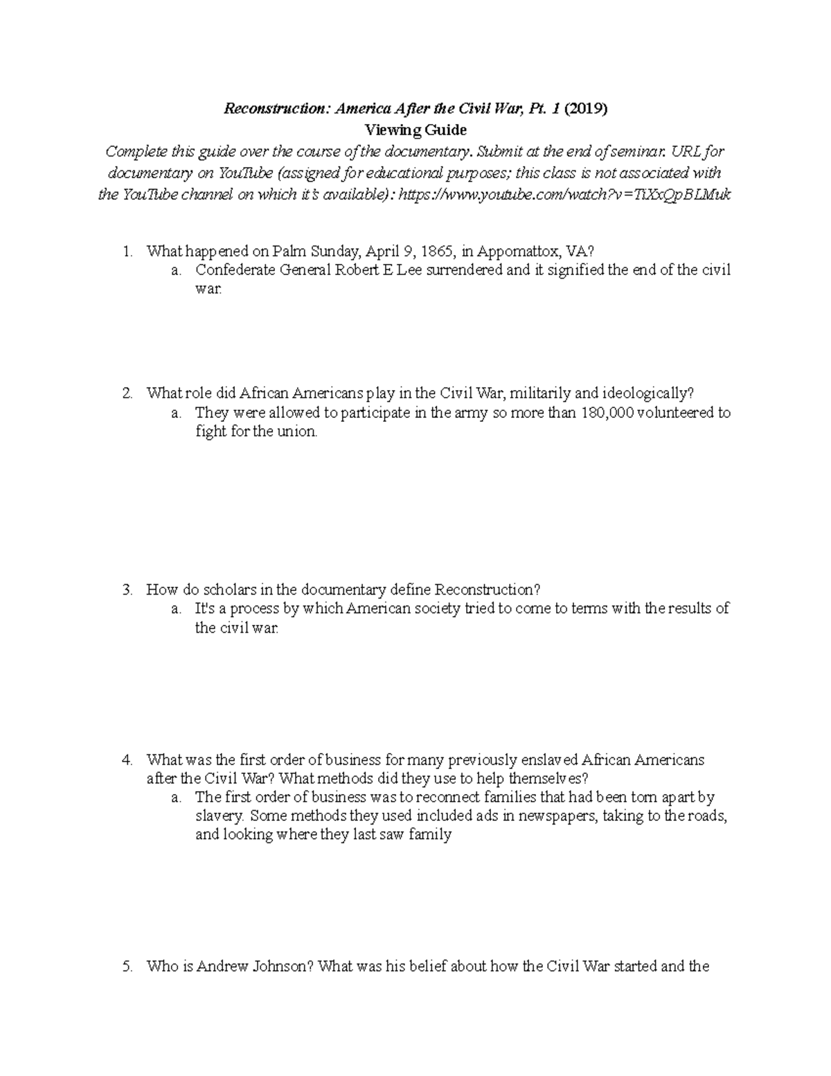 Reconstruction video questions - Reconstruction: America After the ...