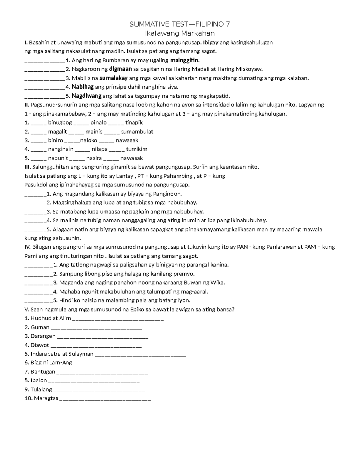 2nd quarter summative test 7 - SUMMATIVE TEST—FILIPINO 7 Ikalawang ...