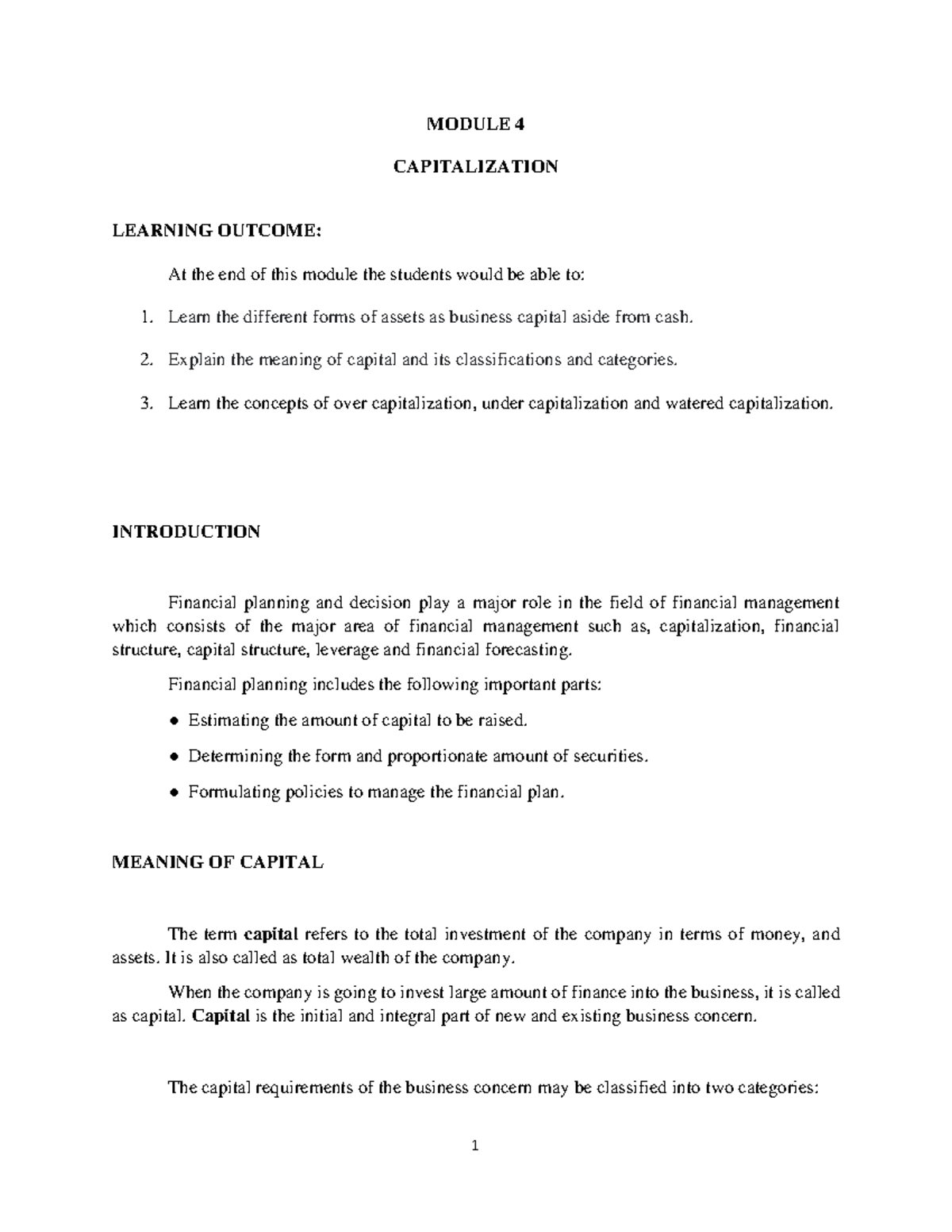 Module 4 - MODULE 4 CAPITALIZATION LEARNING OUTCOME: At the end of this ...