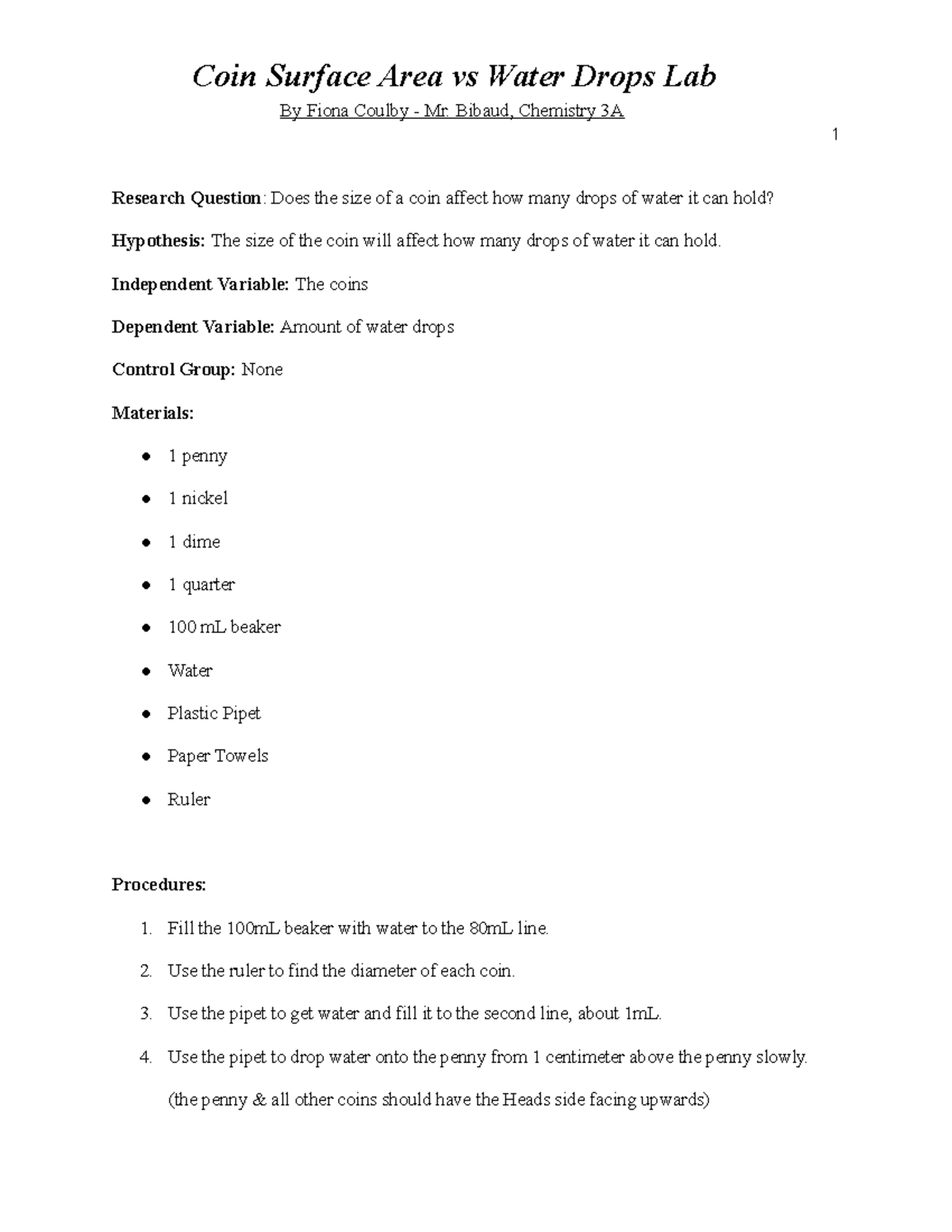 Lab Report Chem - Coin Surface Area vs Water Drops Lab By Fiona Coulby ...