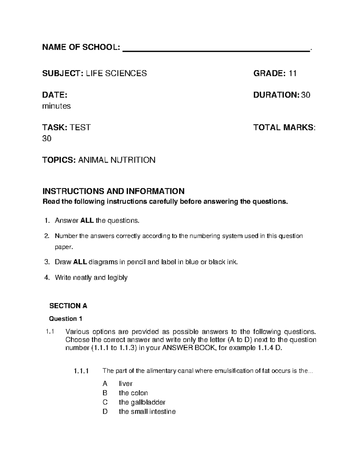 Animal Nutrition Topic TEST - NAME OF SCHOOL:. SUBJECT: LIFE SCIENCES ...
