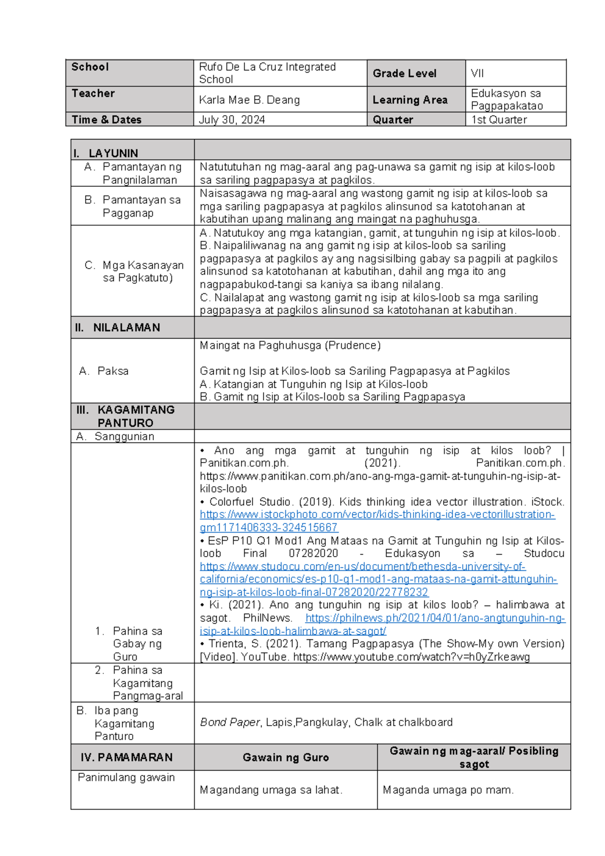 Week 1 - lecture - I. LAYUNIN A. Pamantayan ng Pangnilalaman Natututuhan ng mag-aaral ang pag ...