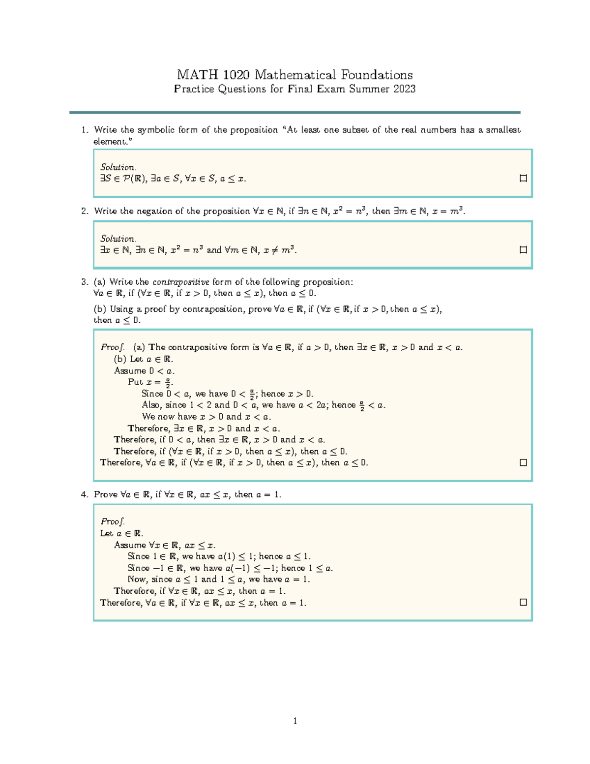 Solutions Practice Questions Final Exam-S231 - MATH 1020 Mathematical ...