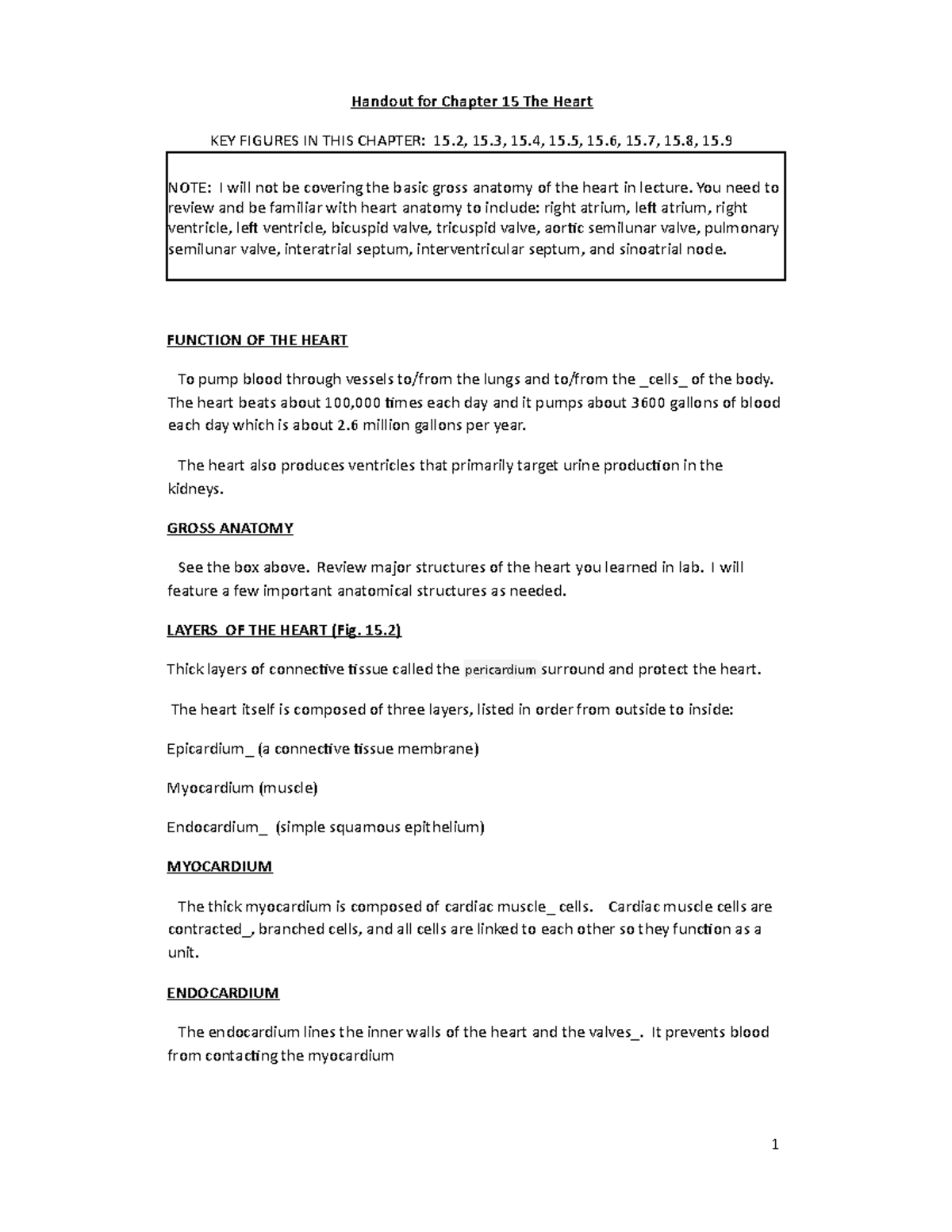 Chapter 15 Handout 2430 S19 - Handout for Chapter 15 The Heart KEY ...