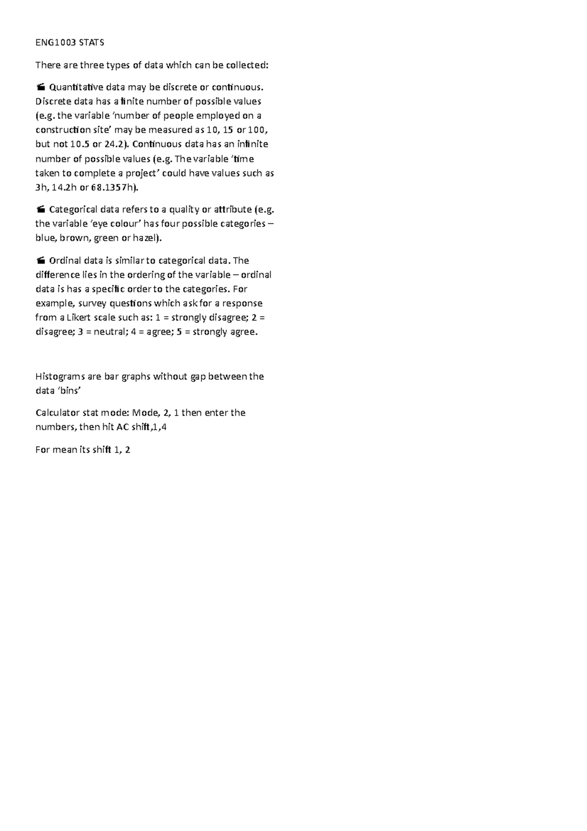 ENG1003 Stats - Summary Engineering Problem Solving and Analysis ...