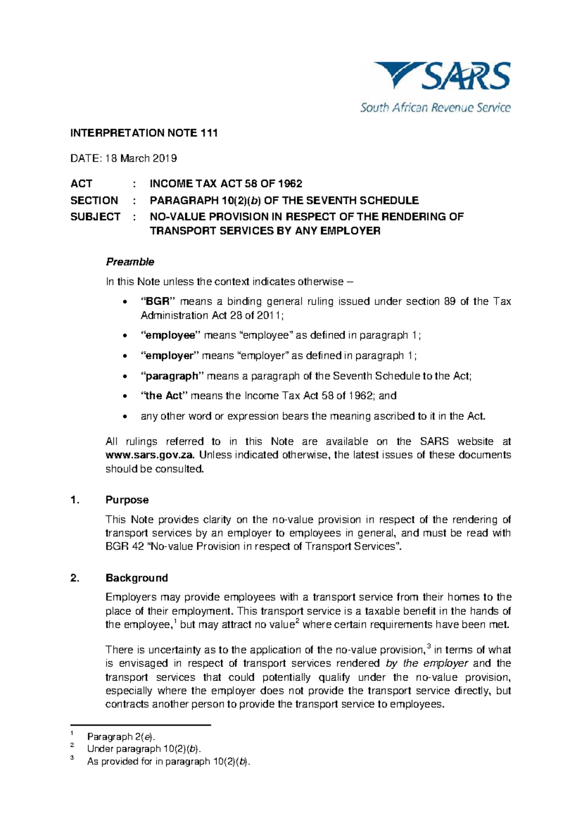 SARS Interpretation note 111 - INTERPRETATION NOTE 111 DATE: 18 March 2019 ACT : INCOME TAX ACT ...