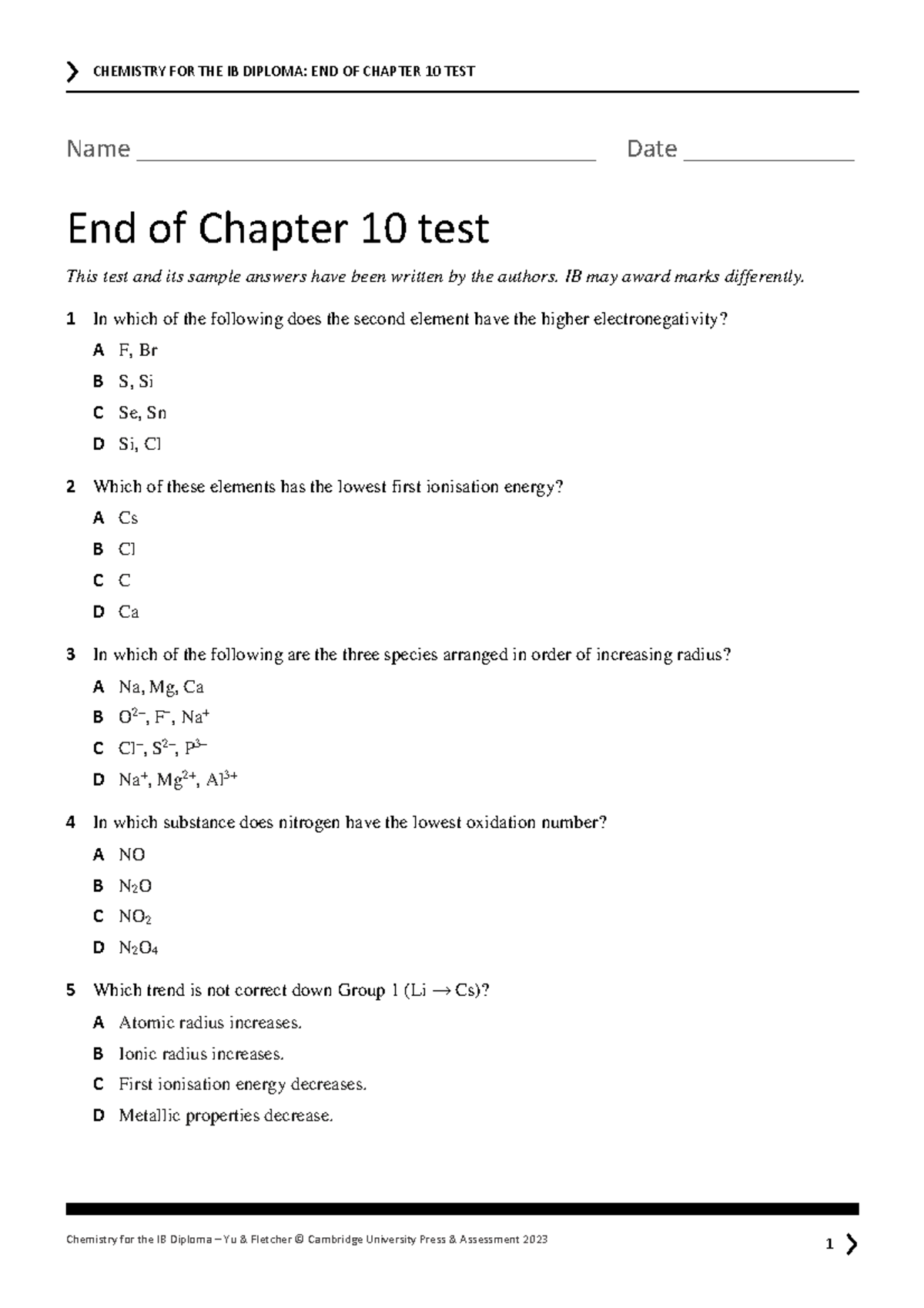 End of chapter 10 test - Cambridge Bonding Tests - CHEMISTRY FOR THE IB ...