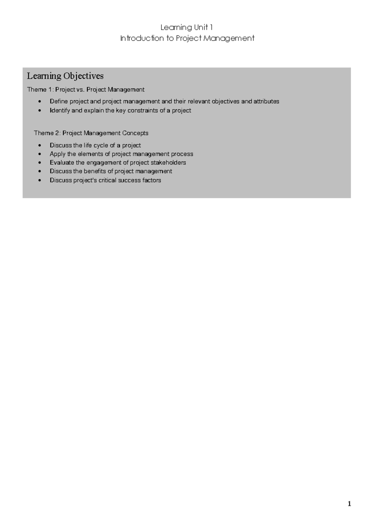Learning Unit 2 - Project Management Define project and project ...