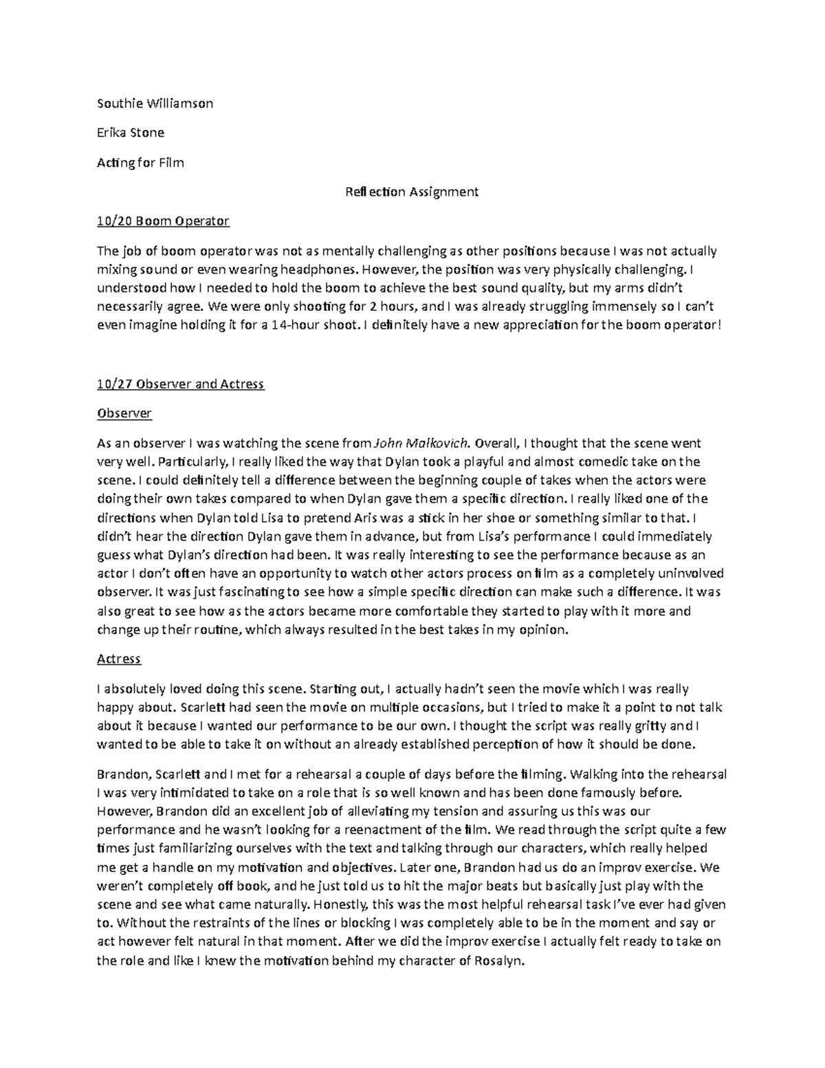 Acting for Camera Film Reflections - Southie Williamson Erika Stone ...