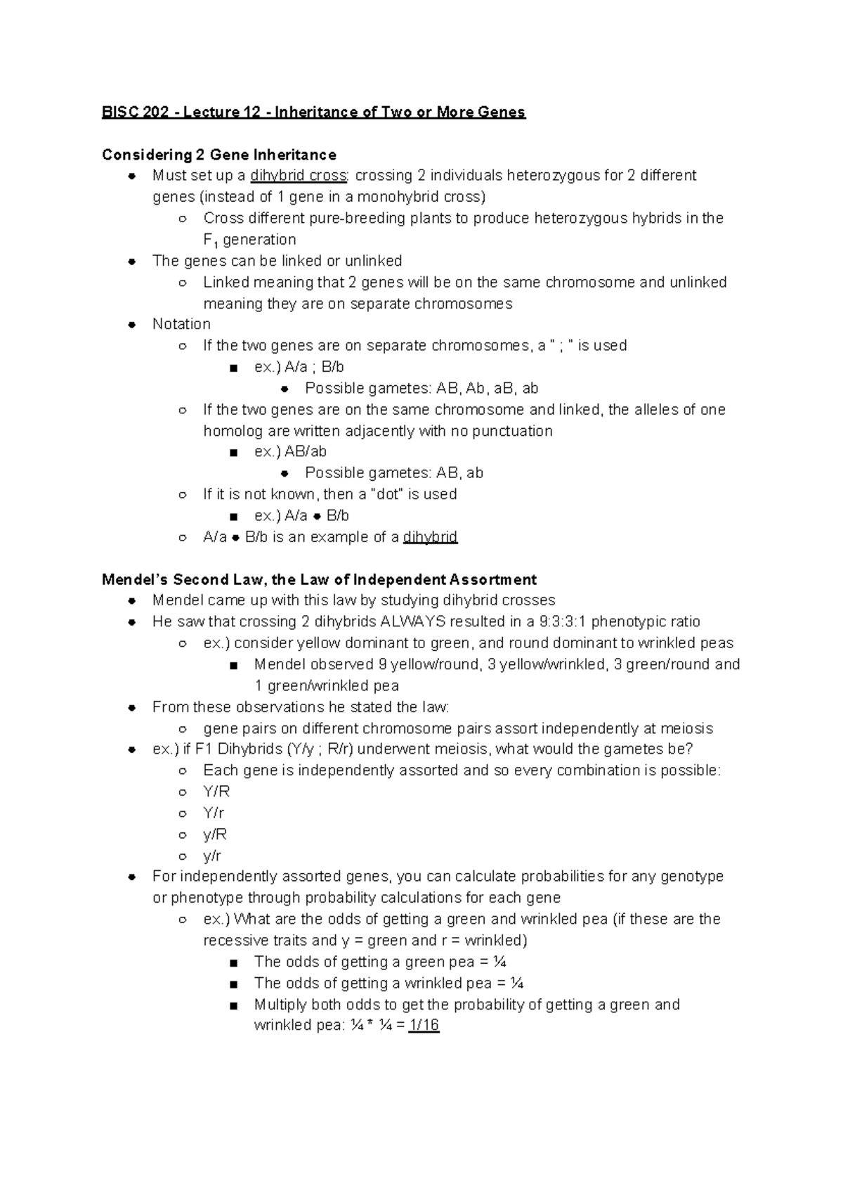 BISC202 Lecture 12 Inheritance of Two or More Genes - BISC 202 ...