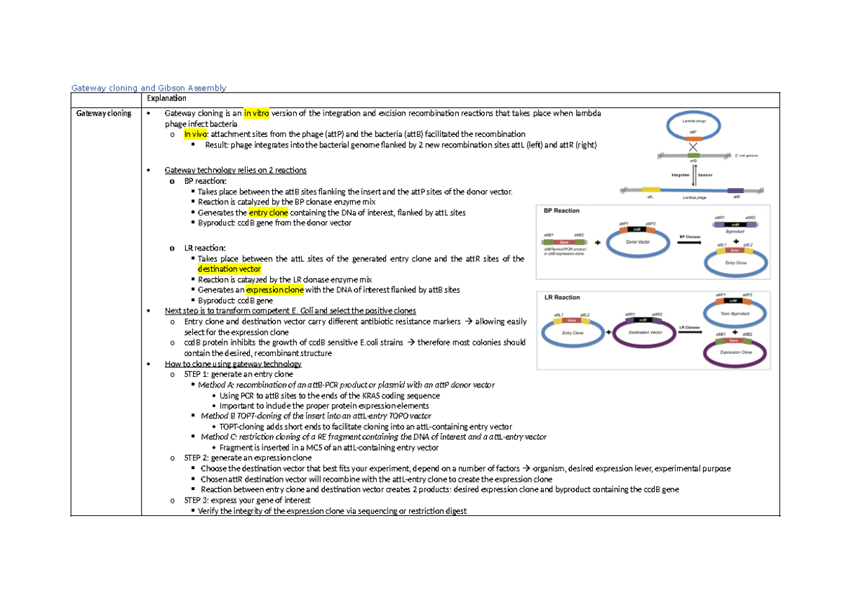 Gateway cloning and Gibson Assembly - Gateway cloning and Gibson ...