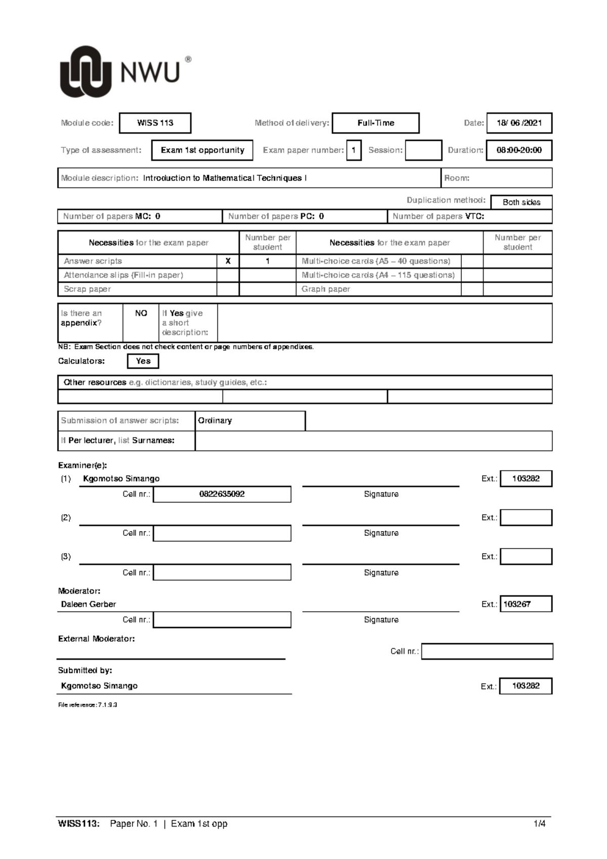 Exam Paper WISS113 2021 1st opp Replacement Exam - Module code: WISS ...