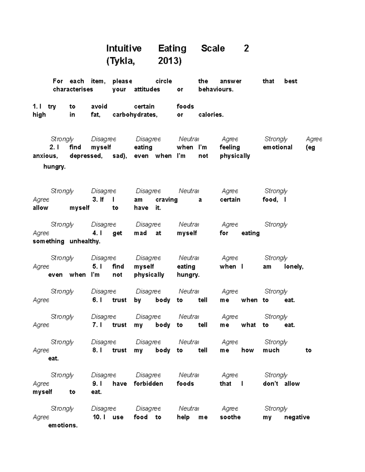Intuitive Eating Scale - I try to avoid certain foods high in fat ...