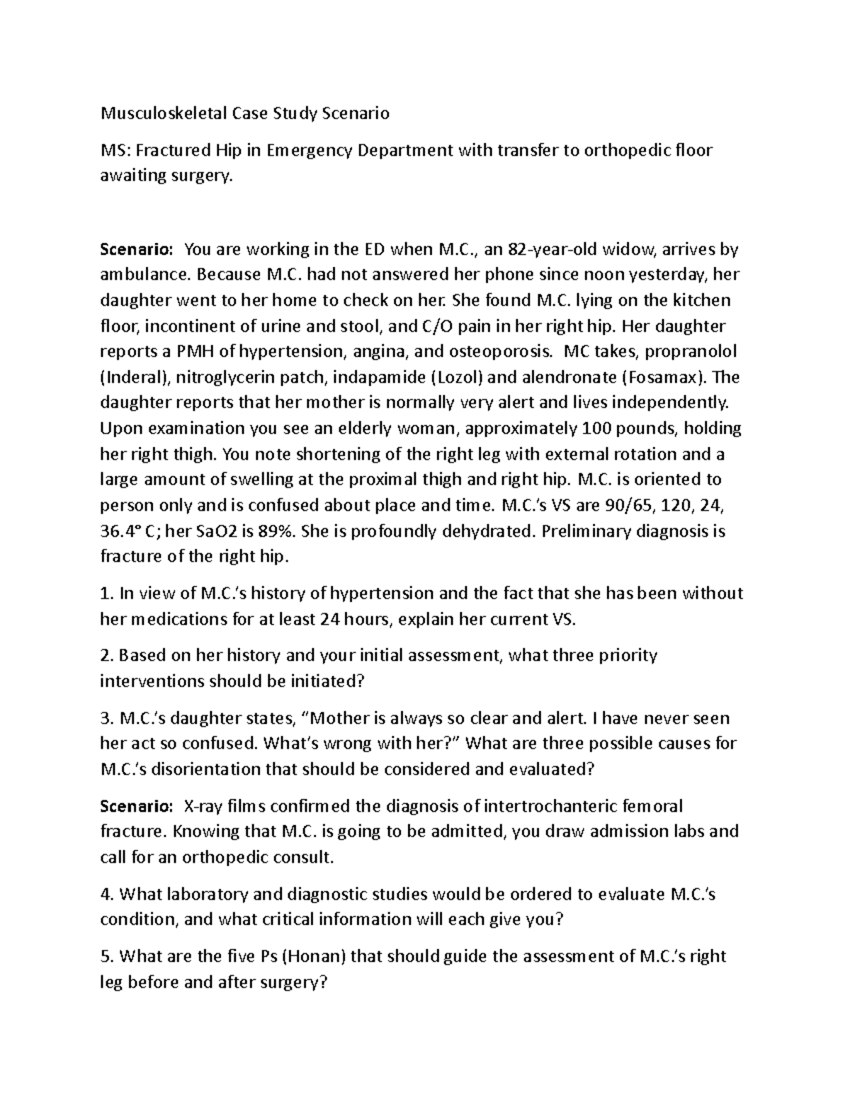 MS Hip Fracture Case Study Student Copy - Musculoskeletal Case Study ...