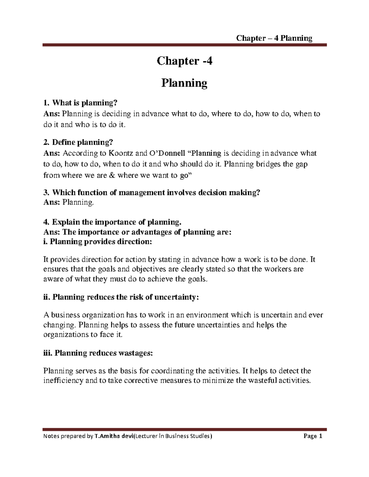 Planning - planing in management studies - 1. What is planning? Chapter ...