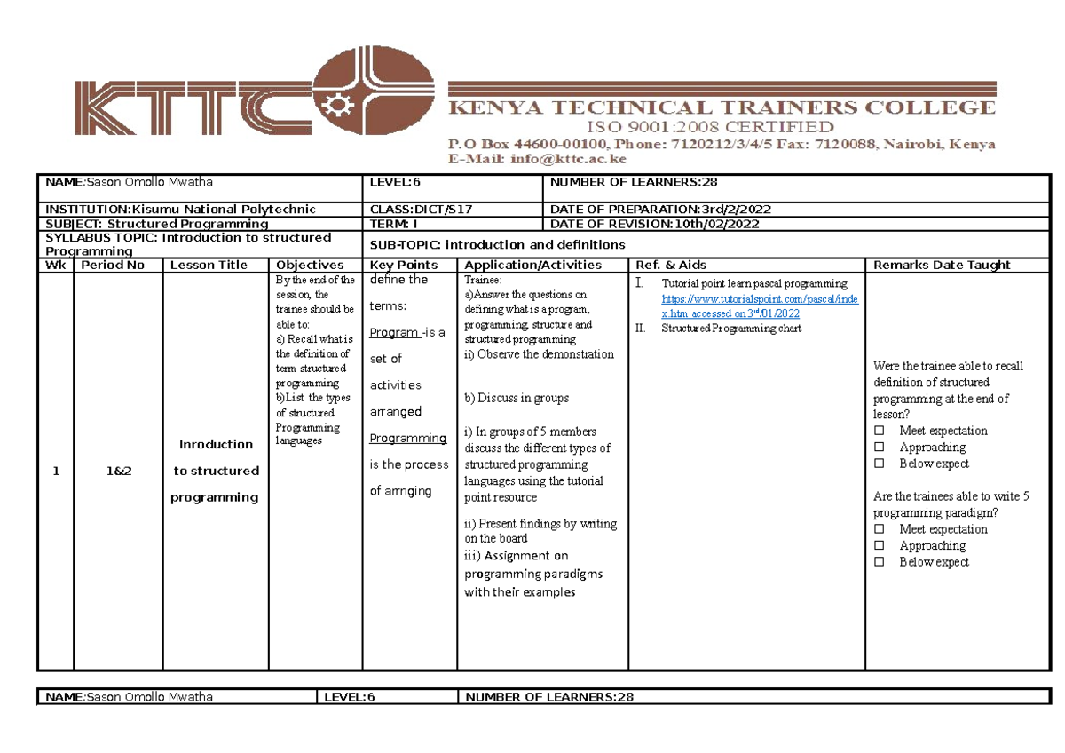 Scheme OF WORK Samson 2 - sow - NAME:Sason Omollo Mwatha LEVEL:6 NUMBER ...